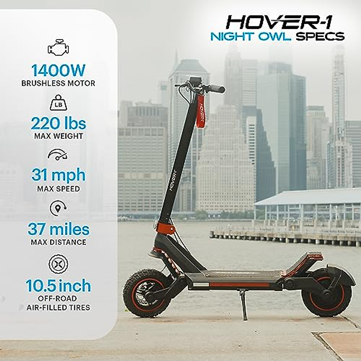 Hover-1 Night Owl Electric Folding Scooter, 31 MPH Top Speed, 37 Mile Range, 1400 Watts Max Power, 10.5” Offroad Tires, Dual Disc Brakes, and Front and Rear Suspension
