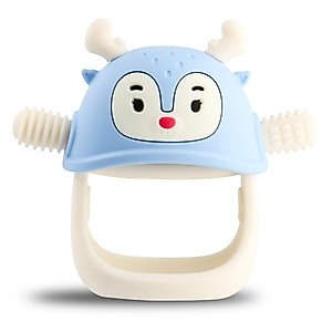 Smily Mia Reindeer Organic Baby Toys 0-6Months, Mitten for 3-6Months, Easy to Hold Stem with Chewing Nubs for Teething Pain Relief for 6-12Months Babies, Light Blue