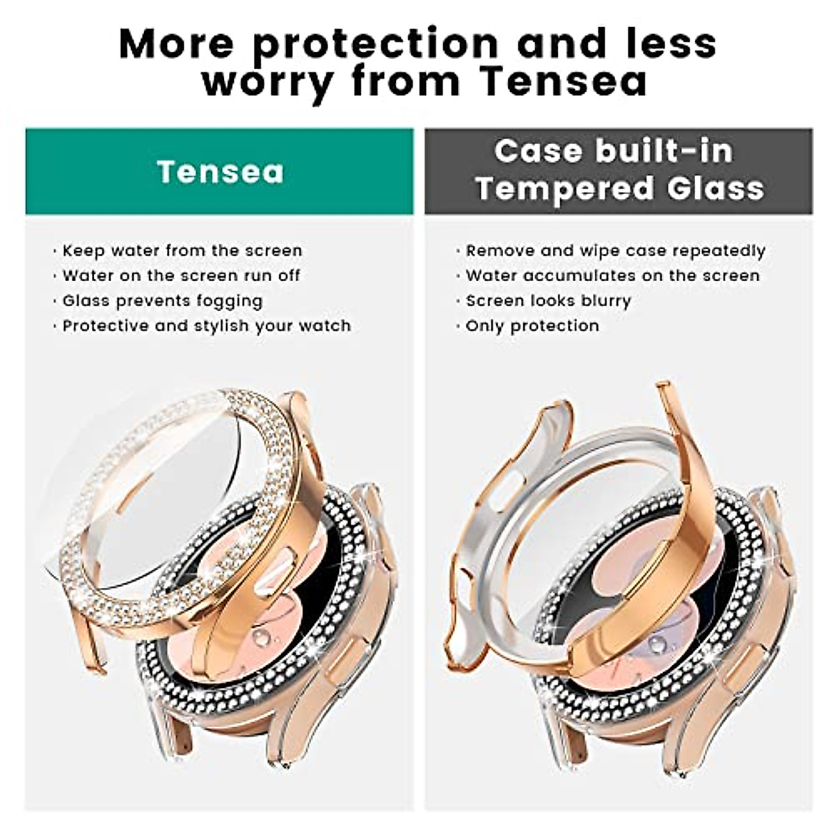 Tensea [2+2Pack] for Samsung Galaxy Watch 4 Screen Protector and Case 40mm, Bling Cover Tempered Glass Protective Film and Hard PC Bumper Diamond Crystal Frame for Women Girls (40mm, Clear-Rose Gold)