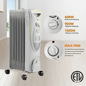 R.W.FLAME Oil Filled Radiator Heater,3 Heat Settings, Adjustable Thermostat, Portable Space heater, Quiet Heater with Tip-over & Overheating Functions(27", Grey)