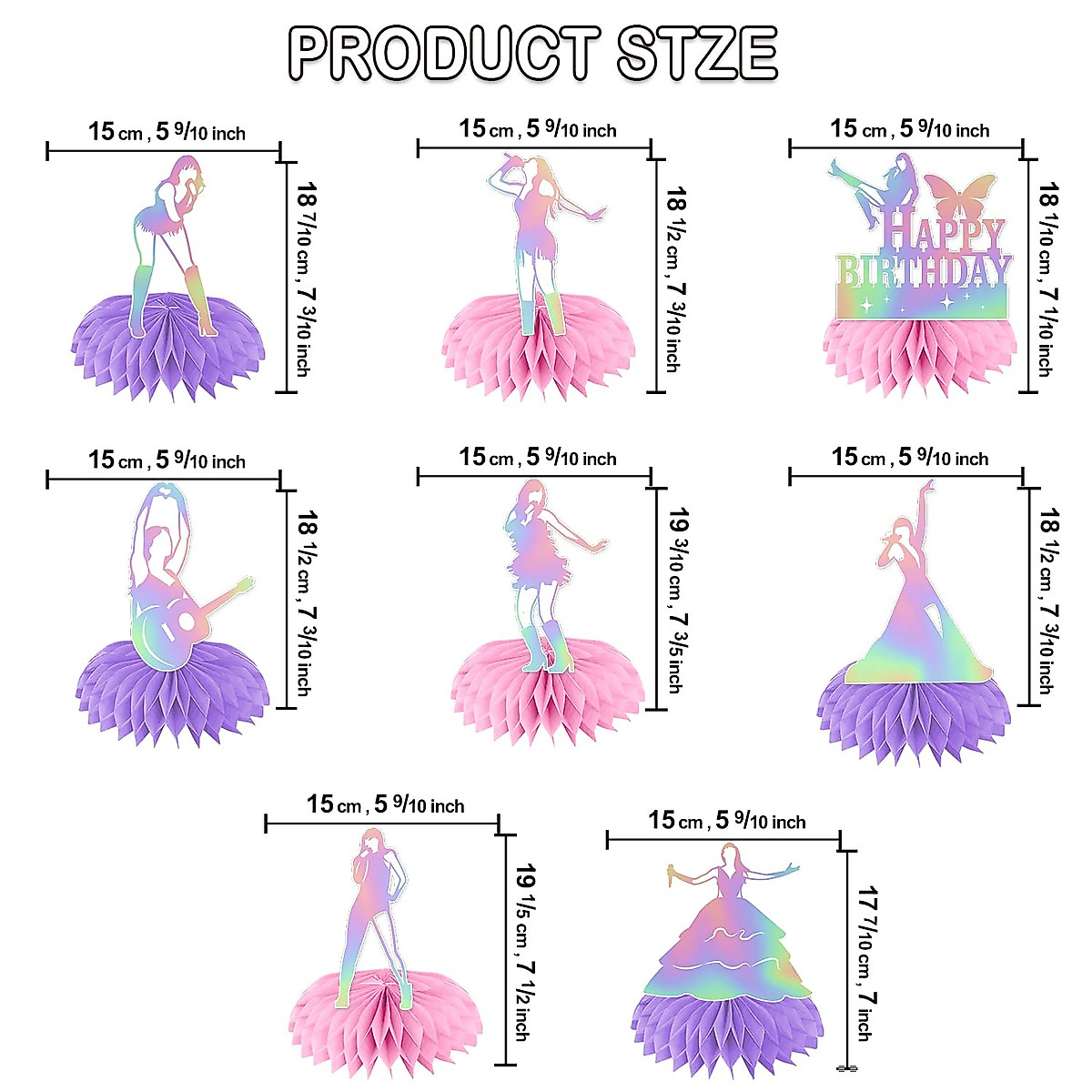 8 Pcs Iridescent Party Decorations Honeycomb Centerpieces, Happy birthday Table Decorations, birthday Party Decorations 3d Double Side Honeycomb Decorations for birthday Day Party