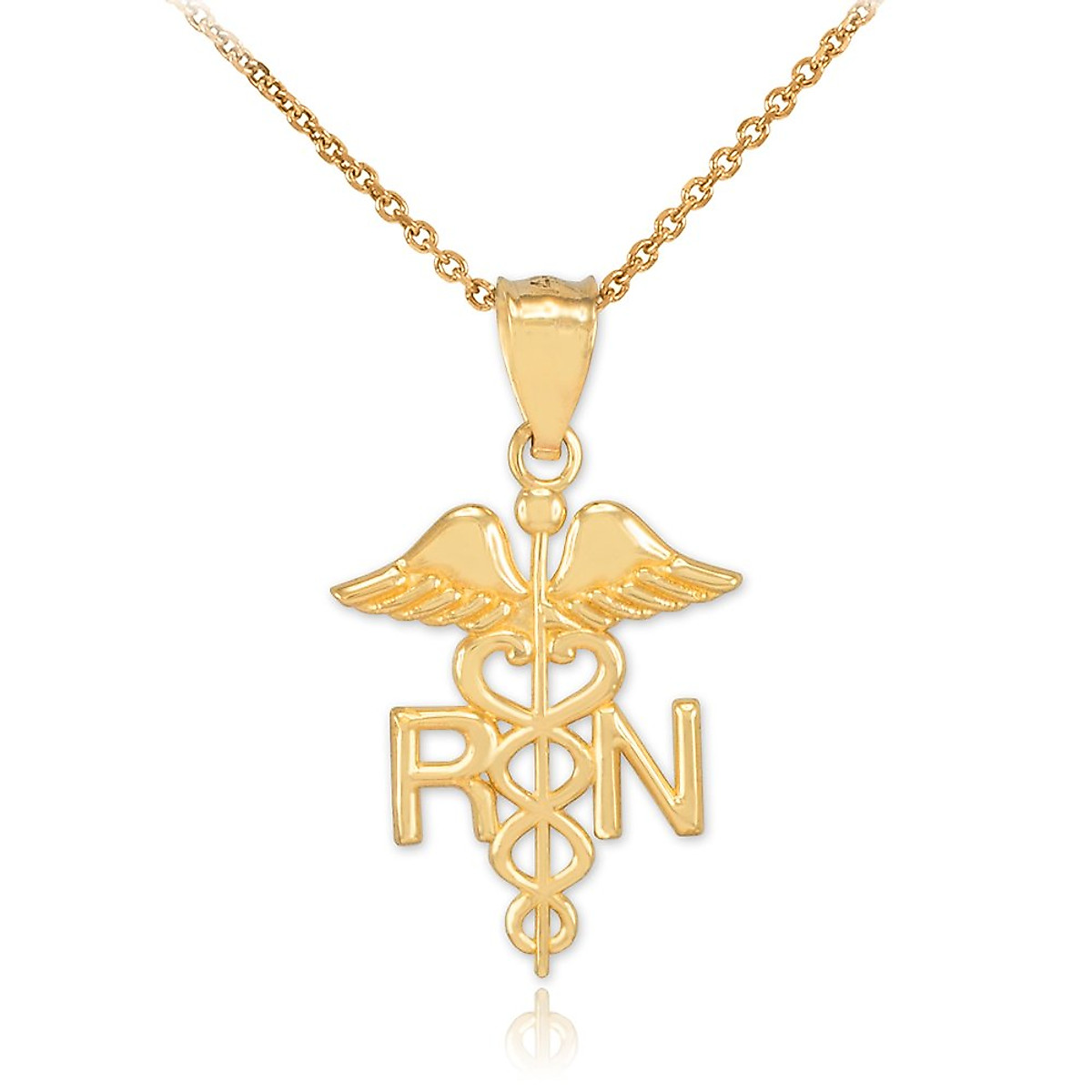 American Heroes Polished 10k Yellow Gold Caduceus RN Charm Registered Nurse Pendant Necklace, 18"
