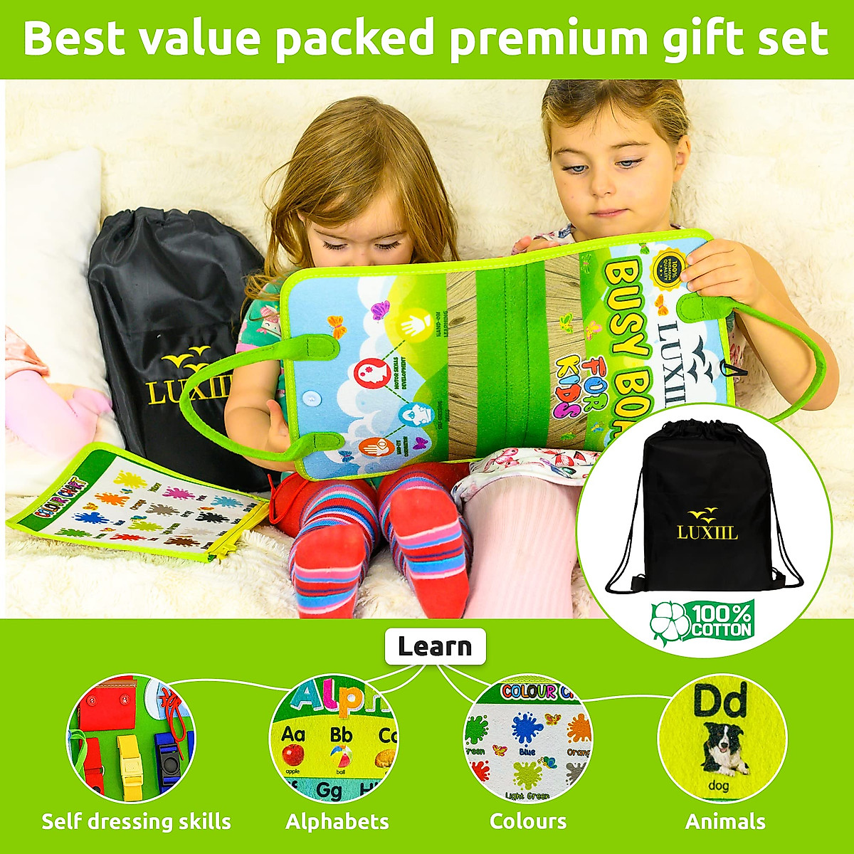 LUXIIL Busy Board Montessori Toys for Toddlers 3in1 Gifts for 1 2 3 4 5 Year Old Boys & Girls, Preschool Sensory Activity Boards Travel Boards Learning Basic Dress Skills Toys for Plane & Car (Green)