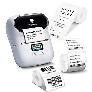 Phomemo M110 Label Printer - Bluetooth Portable Label Maker No Ink, Mini Barcode Label Printer for Retail, Address, Barcode, Home, for PC/Mac, iOS/Android with 3pack Most Used Labels, Snow White
