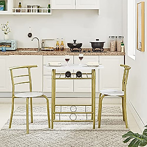 VECELO 3 Piece Small Round Dining Table Set for Kitchen Breakfast Nook, Wood Grain Tabletop with Wine Storage Rack, Save Space, 31.5", White & Gold