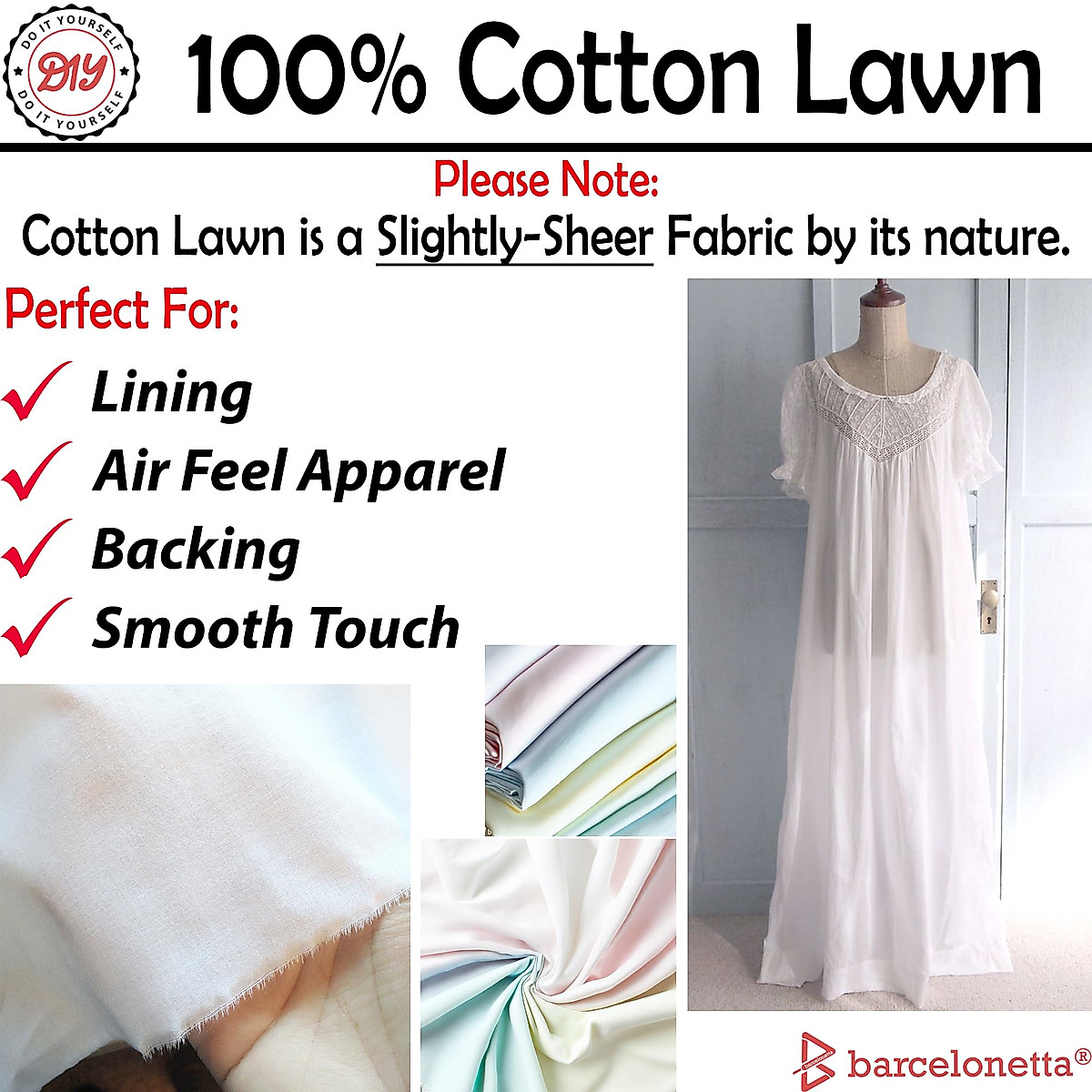 Barcelonetta | Cotton Lawn Fabric | 100% Cotton | Thin | 58" Wide | Lining, Sewing, Air Feel Layer | Cloth, Solid (White, 2 Yard)