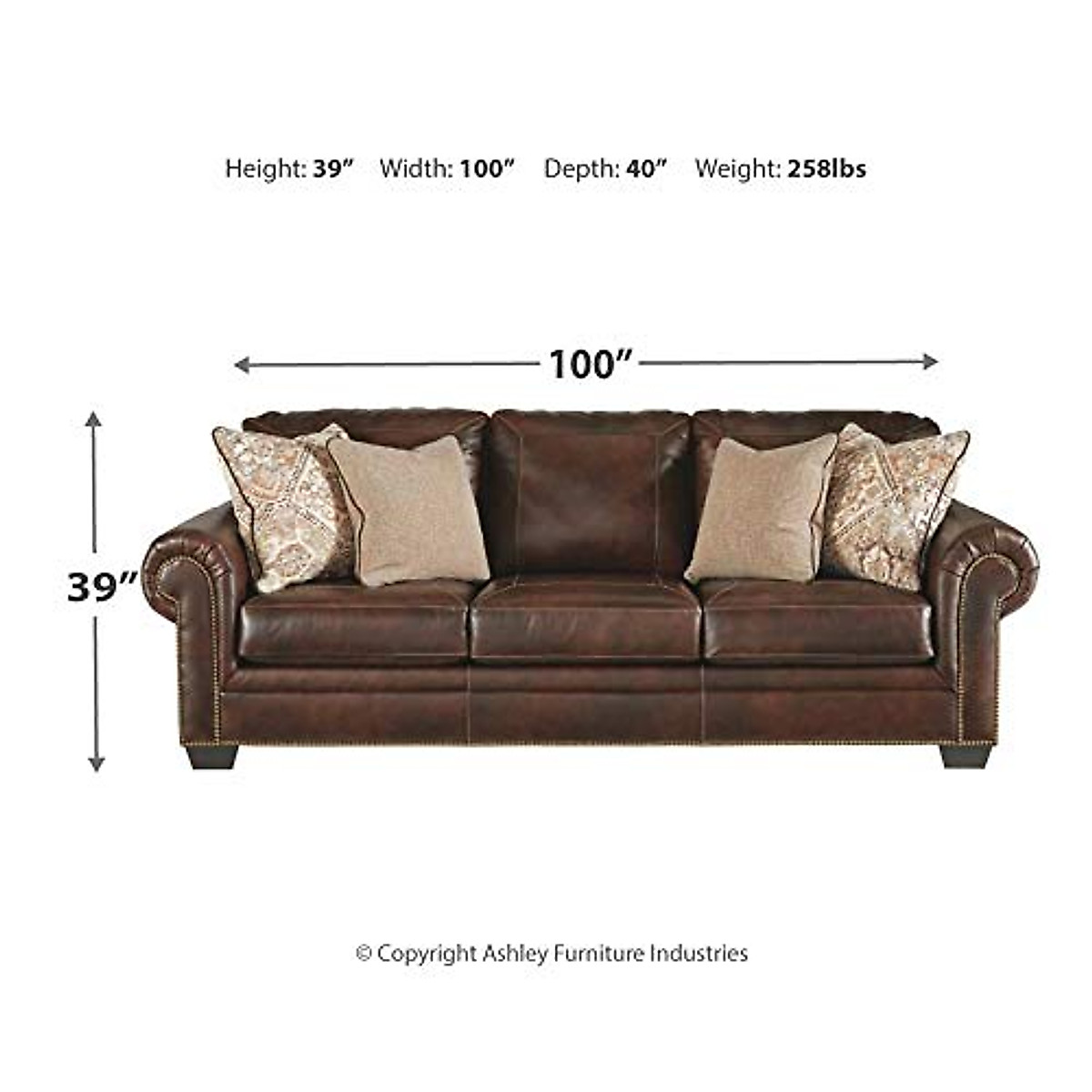 Signature Design by Ashley Roleson Traditional Leather Queen Sofa Sleeper with Nailhead Trim and 4 Accent Pillows, Brown