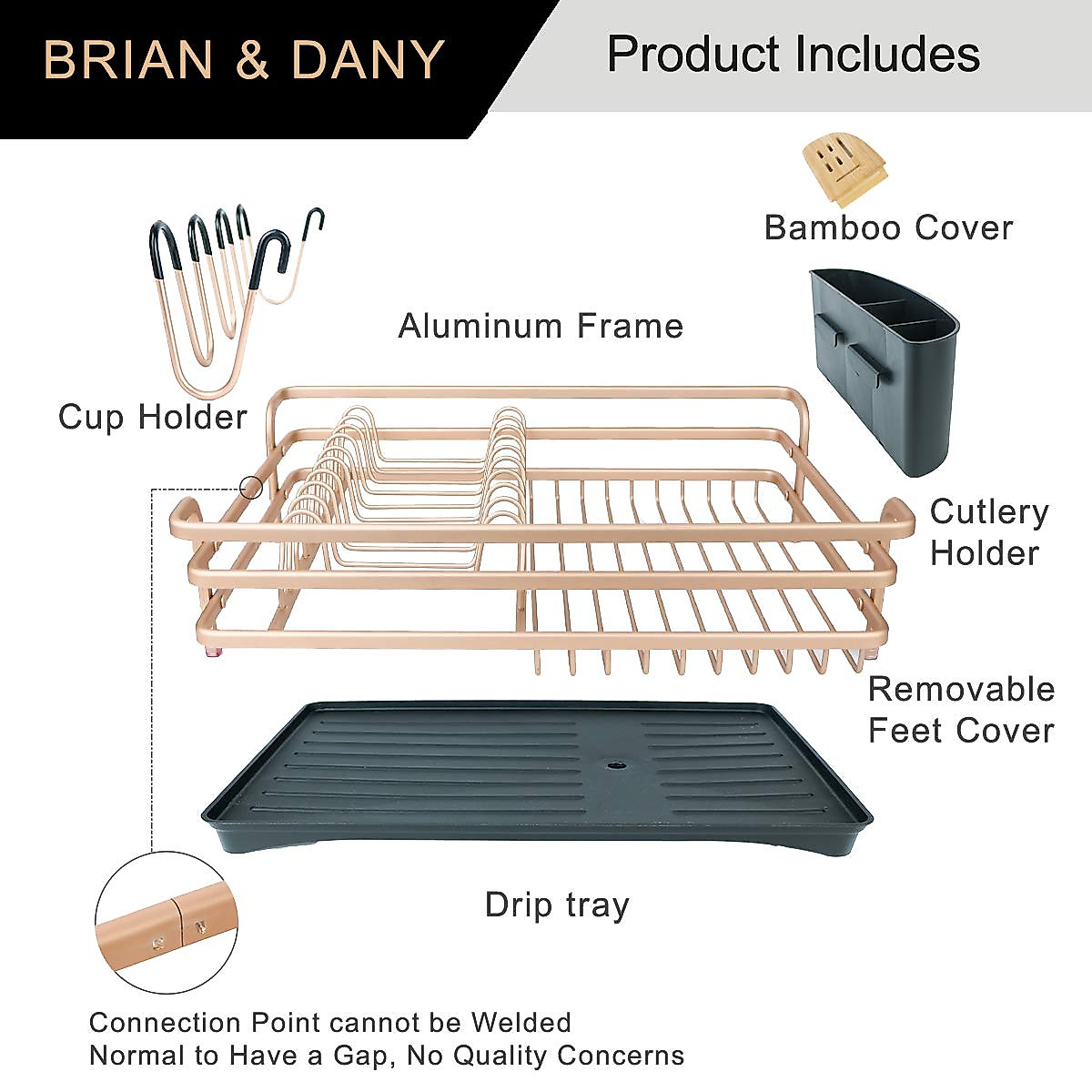 BRIAN & DANY Aluminum Dish Drainer, Dish Drying Rack with Removable Cutlery Holder & Cup Holder, Unique 360° Swivel Spout Drain Board, Golden