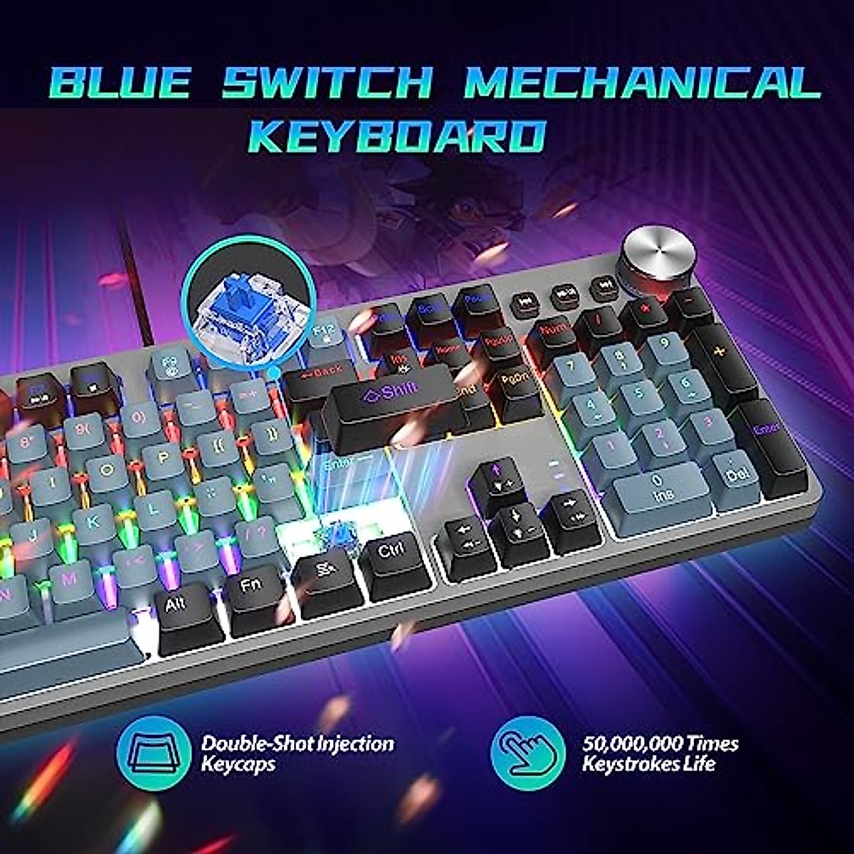 Mechanical Gaming Keyboard, RGB Backlit 104 Keys Full Size Keyboard with Multimedia Knob, Double Shot Keycaps, Full Anti-Ghosting, Blue Switch Wired Computer Keyboard for Windows PC Mac Xbox Gamer