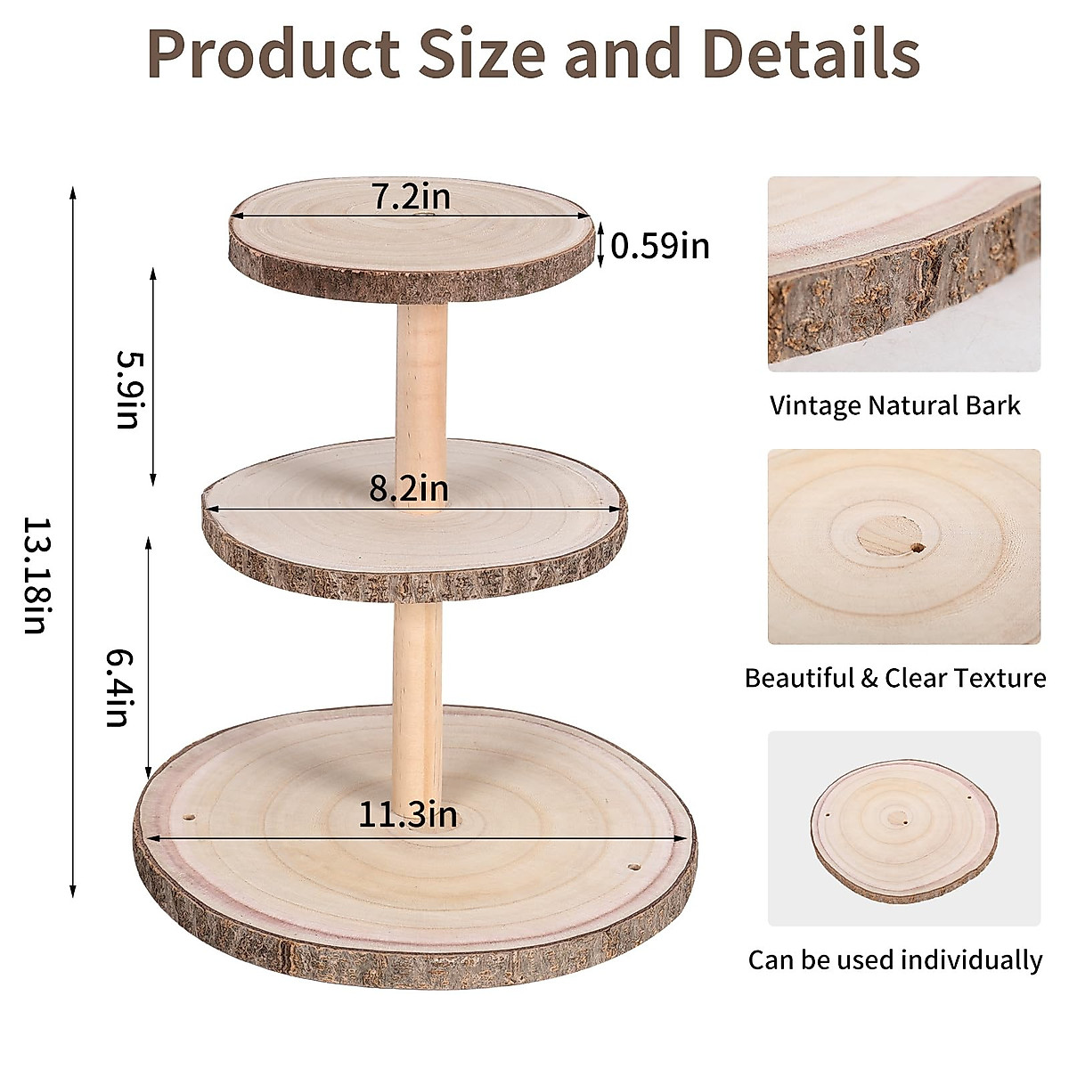 FORACKS 3 Tiered Cupcake Tower Stand Rustic Round Wooden Dessert Cake Dispaly Stands for Wedding, Birthday, Graduation, Tea Party for Thanksgiving
