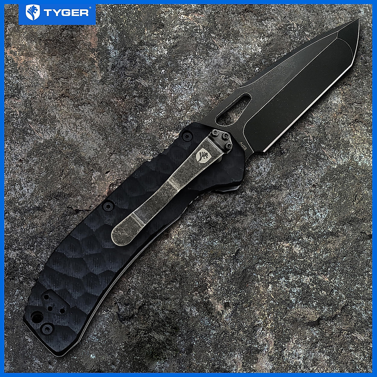 Tyger K4 EDC Folding Pocket Knife | Stone-washed AUS-8 Steel Blade with Black Titanium Ion Carbide Coating | Black G-10 Handle | TG-KF7A2858