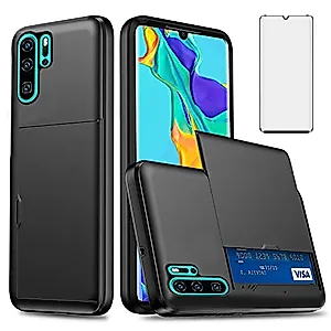 Asuwish Phone Case for Huawei P30 Pro with Tempered Glass Screen Protector and Credit Card Holder Wallet Cover Hard Hybrid Cell Accessories Hawaii P30Pro P 30 Pro30 Women Men Black