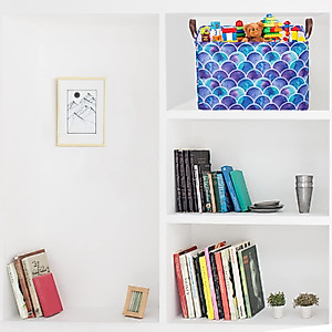 Funnewban Mermaid Storage Bin Basket Collapsible with Leather Handles Waterproof Canvas Storage Cube Box for Closet Toys Clothes Nursery Room Gift Basket