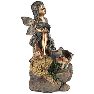 Bronze Garden Fairy Fountain with Light LED Indoor Outdoor Water Feature 24" High Cascading Resin Sculpture for Garden Patio Yard Deck Home Lawn Porch House Relaxation Exterior - John Timberland