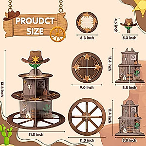 Haooryx Western Cowboy Party Decoration Cupcake Stand, 3 Tier Wild West Wooden House Barn Door Cupcake Tower Cardboard Dessert Holder for Western Cowboy Theme Birthday Party Baby Shower Table Supplies