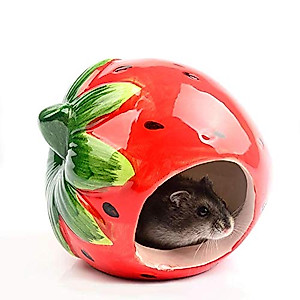 Small Animal Hideout Ceramic Hamster House Chinchilla Mini Hut Cave Cage Accessories for Dwarf Hamsters Gerbils and Hedgehog(Strawberry)