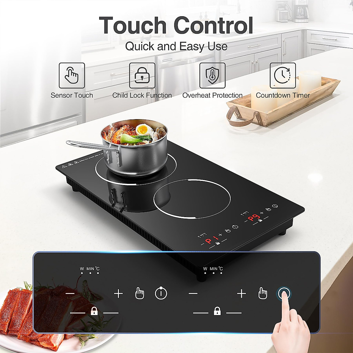 GIHETKUT Double Induction Cooktop, 110V Electric Cooktop 2300W Electric Stove Top with 2 Burner Independent Control, Ultrathin Body, 9 Temperature, Multiple Power Levels, 2 Hour Timer, Safety Lock