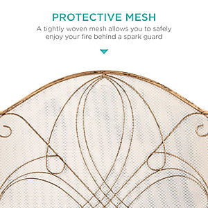 Best Choice Products 3-Panel 55x33in Solid Wrought Iron See-Through Metal Fireplace Screen, Spark Guard Safety Protector w/Decorative Scroll - Gold
