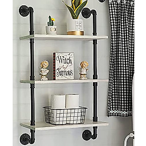 HDDFER Industrial Pipe Shelving Rustic White Pipe Wall Shelves Industrial Bathroom Shelves with Wood Planks Industrial Floating Shelves 24 Inch Farmhouse Bathroom Pipe Shelves Wall Mounted…