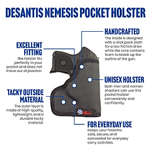 DeSantis Nemesis Pocket Holster For Pistols, Made of Quality Tacky Material, Ambidextrous, Unisex Gun Holster, Fits KELTEC P32, P3AT, RUGER LCP 380CAL, TAURUS 738 TCP 380CAL, Black