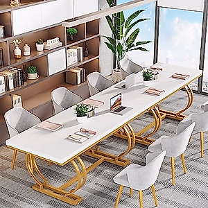 Tribesigns 70.9" Executive Desk, Large Modern Office Desk Computer Desk with Gold Metal Frame, Conference Table Meeting Room Table for Home Office, White and Gold