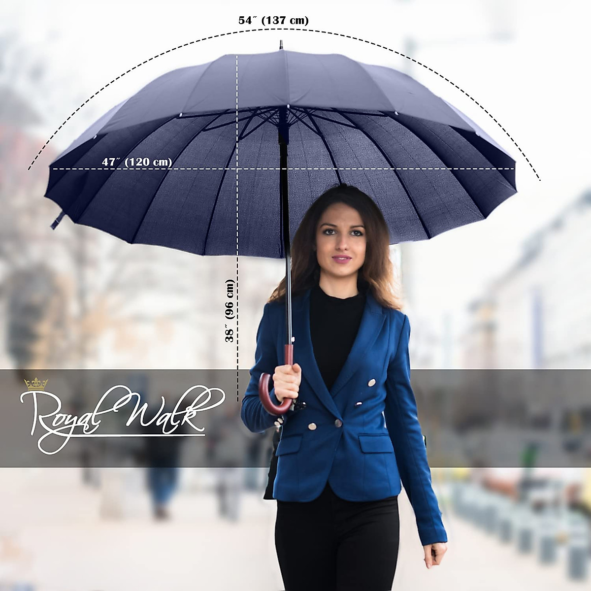 Royal Walk Large Umbrella for 2 Persons, Navy Blue, 54 Inch, Windproof, Auto Open, Wooden Handle, Drying, Strong 16 Ribs, Travel 120cm