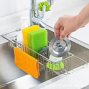 Kitchen Sink Caddy Sponge Holder, Kitchen Sink Caddy Expandable with Dish Cloth Hanger, Stainless Steel Kitchen Sink Organizer Drying Rack Basket, No Drilling
