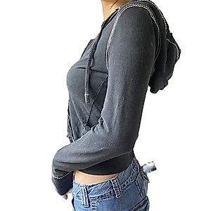 KMBANGI Women Y2K Zip Up Hoodie Casual Vintage Solid Sweatshirt Hoodies Aesthetic Long Sleeve Jacket with Pockets(M-Solid Black,S)