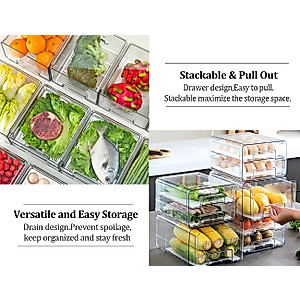 YouLike 2pack Stackable Fridge Drawers Pull Out Bins for Refrigerator Organizer Clear Food Storage Container Set With Drain for Pantry Kitchen Cabinet Office Organization
