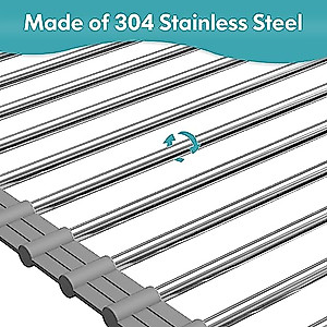 JASIWAY Roll Up Dish Drying Rack, Over The Sink Dish Drying Rack, Foldable, Portable,304 Stainless Steel Dish Drainers for Kitchen Inside Sink Counter (Sliver, 17.5" x12“)