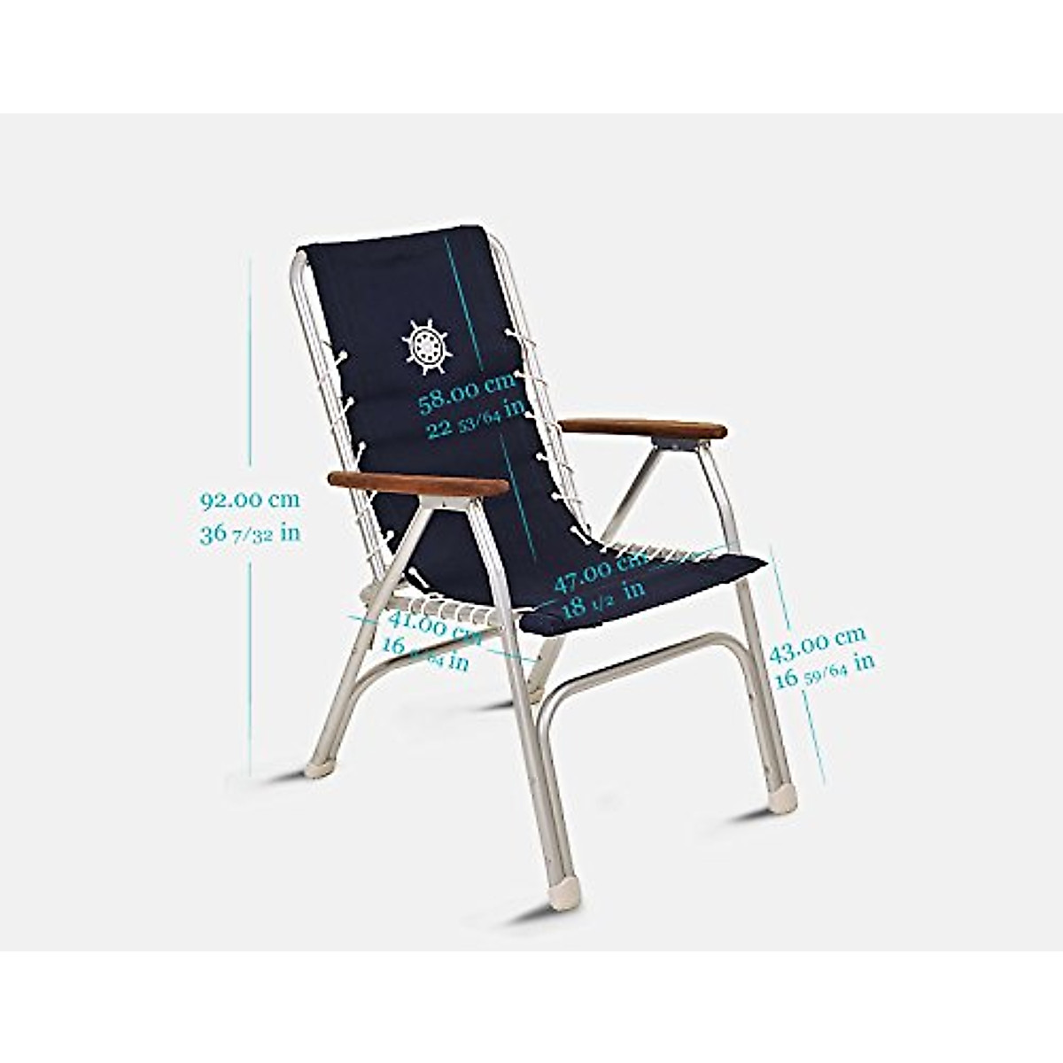 FORMA MARINE Boat Chairs High Back Navy Blue Deck Folding Marine Aluminum Teak Furniture Set of 2 M150NB