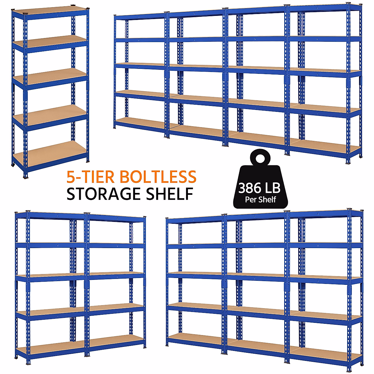 Topeakmart 4 PCS 5-Tier Utility Shelves, Metal Storage Shelves Garage Shelving Unit Adjustable Garage Storage Shelves Storage Racks Heavy Duty Shed Shelving- Blue, 27.5 x 12 x 60 Inch