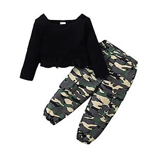 DISAUR Girls Clothes Size 3-4T Months Girl Fall Clothes Long Sleeve Square Neck Shirt Top + Floral Print Pants Girls Outfit Set, Black