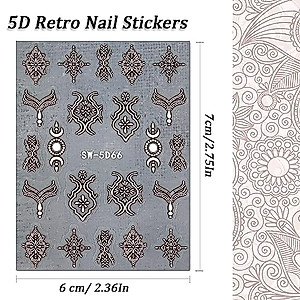 Retro Lace Nail Art Stickers Decals, 4 Sheets 5D Stereoscopic Embossed Flower Nail Art Supplies White Bronze Mandala Star Moon Designer Nail Decals for Women Acrylic Nail Decor DIY Decorations