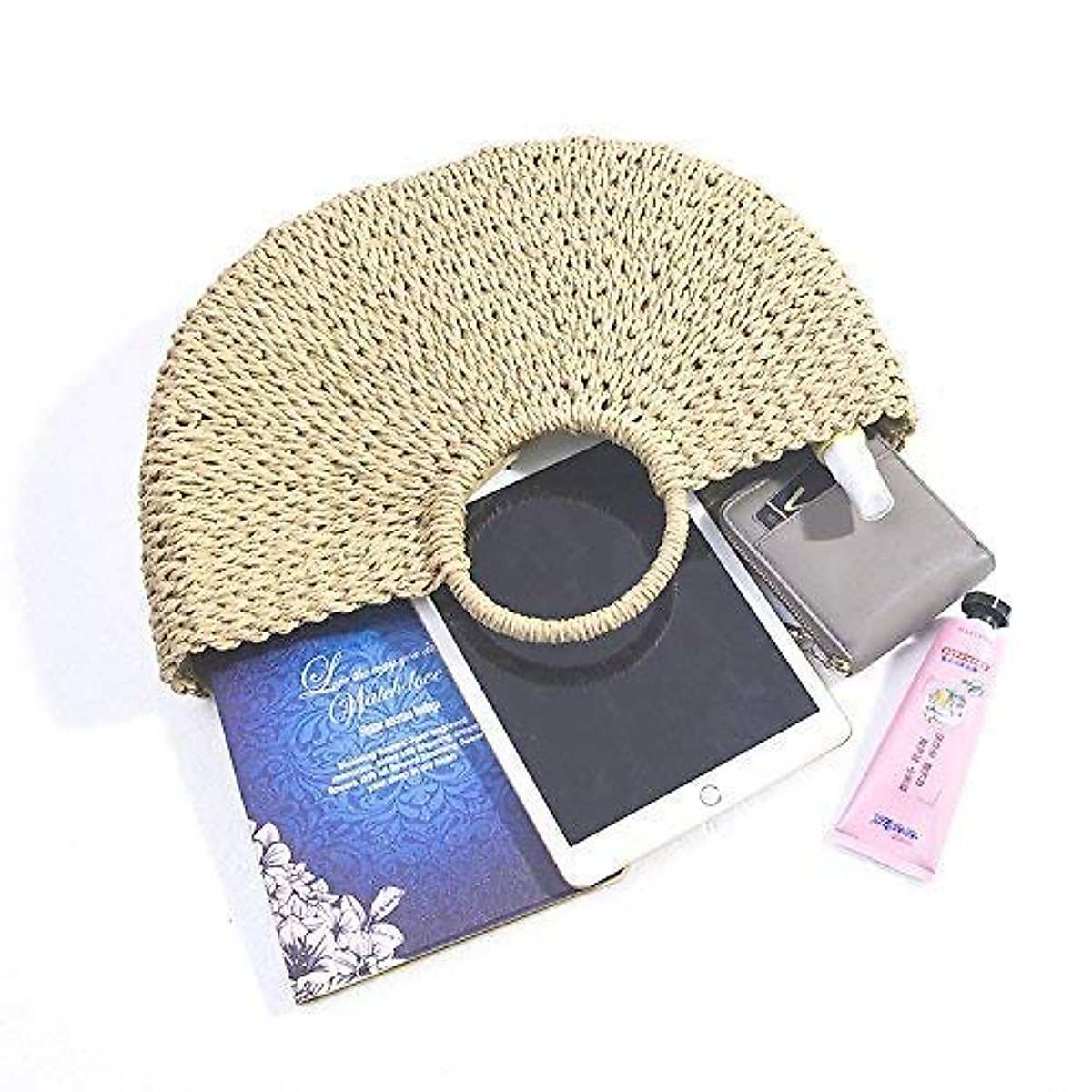 Straw Bags for Women, Hand-woven Straw Large Hobo Summer Beach Bag Round Handle Ring Toto Retro Rattan Bag