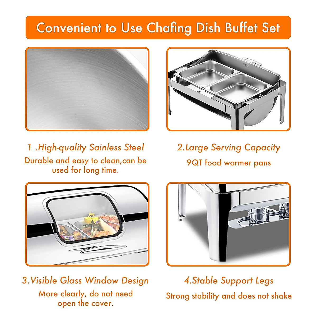 Kweetle Roll Top Chafing Dish Buffet Set Warmers with Cover 2 Pans 9.5Quart for Buffet Commercial Food Warmer Steam Table