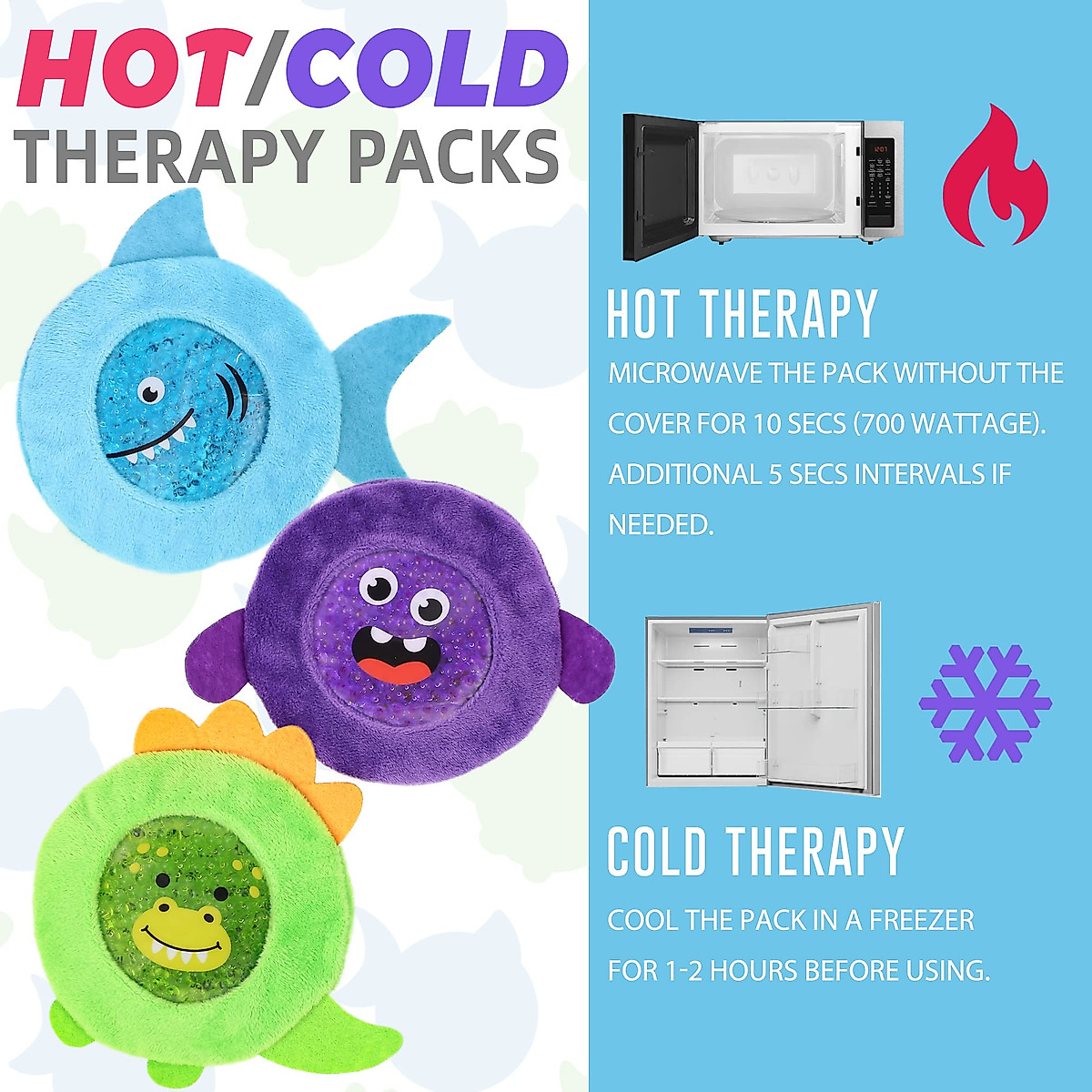 LotFancy Kids Ice Packs for Boo Boos, 3 Pack, Reusable Hot Cold Packs with Cute Plush Sleeves, Small Round Gel Beads Pads for Injuries, Headache, Fever, Wisdom Teeth, Pain Relief, 4.75”