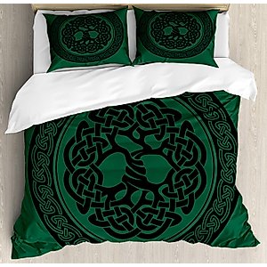 Ambesonne Celtic Duvet Cover Set, Monochrome Tree of Life Illustration Timeless European Motif, Decorative 3 Piece Bedding Set with 2 Pillow Shams, King Size, Forest Green Black