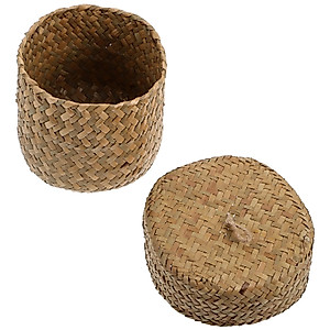 DOITOOL Hand Woven Seagrass Mini Round Basket with Lid, 12x9cm, Beige, Tabletop Decorative Storage Basket