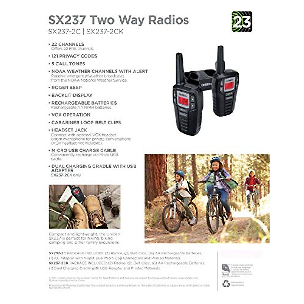 Uniden SX237-2CK Up to 23-Mile Range FRS Two-Way Radio Walkie Talkies with Rechargeable Batteries & Dual Charging Cradle, 22 Channels, 121 Privacy Codes, NOAA Weather Channels + Alerts, Black