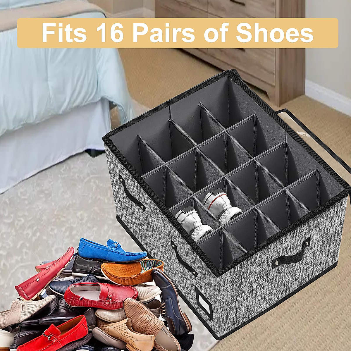 ouruer Shoe Storage Organizer for Closet,Stackable Shoe Storage Boxes for Entryway,Foldable Shoes Rack Organizer,Clear Large Shoe Bin Fits up to 16 Pairs of Low-Top Shoes or 8 Paris of High-Top Shoes