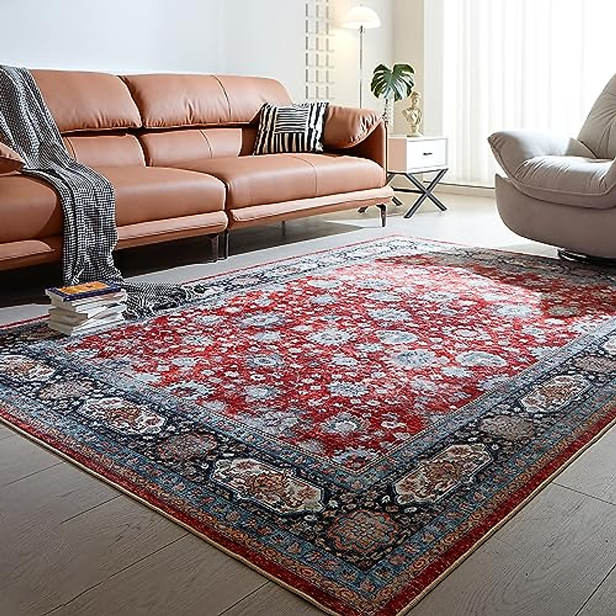 Rugcomf Area Rug 5x7 Washable Rug Boho Rug Soft Non-Slip Non-Shedding Faux Wool Vintage Rug for Living Room, Bedroom Rug, Farmhouse, Dining Room, Indoor, Kids Playroom (Red)