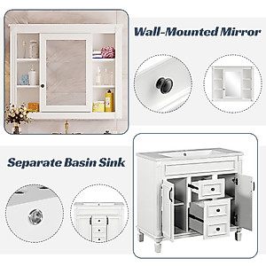 36 in Bathroom Vanity with Sink and Medicine Cabinet Set, 2 Drawers, 2 Doors and Shelves, Wood Single Sink Bathroom Cabinet with Soft Closing, Modern White Bathroom Vanity Set