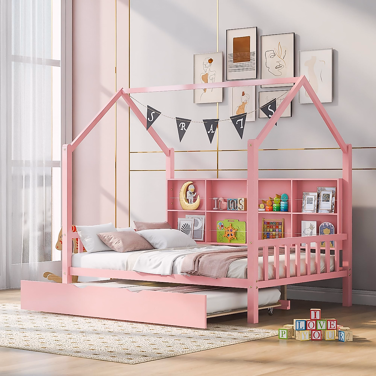 Full House Bed with Trundle and Storage Shelves, Montessori Bed Full Size Platform Bed Frame with Roof, Tent Bed, Solid Wood Playhouse Bed for Kids Teens Girls Boys (Full Size, Pink)