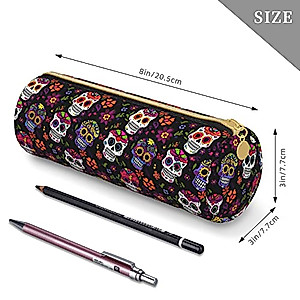Aieefun Sugar Skull And Flowers Cylinder Pencil Case Holder Zipper Pen Bag Pouch Cosmetic Makeup Bag
