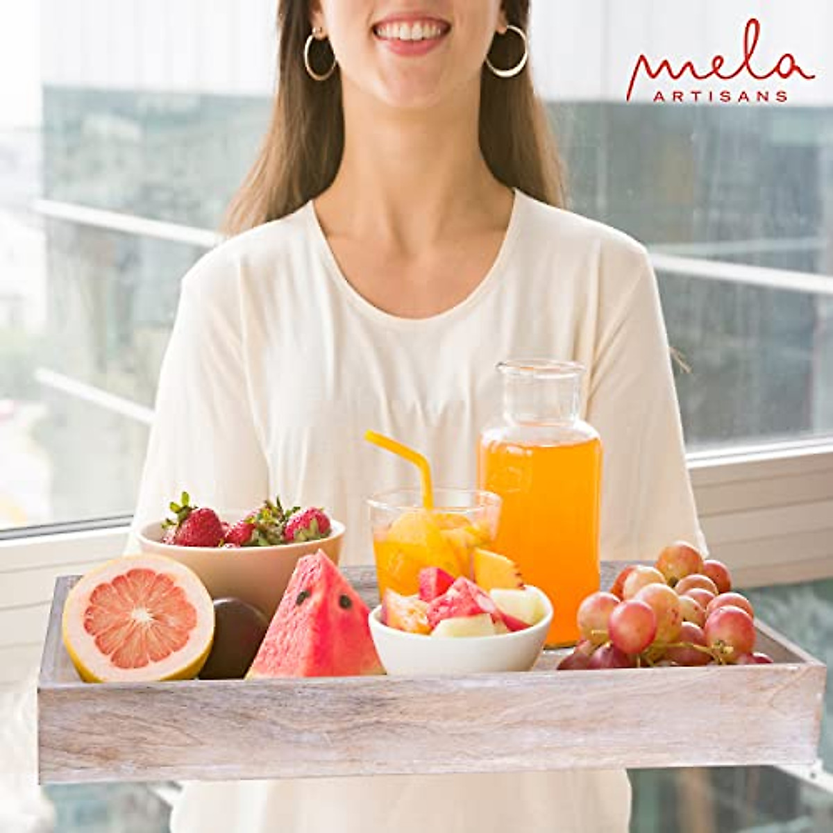 Mela Artisans Farmhouse & TV Ottoman Wooden Serving Tray - Large, Serena Whitewash | Decorative Mango Wood | Ideal to Serve Breakfast, Other Foods, Coffee, Tea | Rustic Home Decor | 20 x 14” x 2.5”