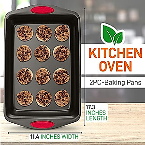NutriChef 2-Piece Baking Pan Set - PFOA, PFOS, PTFE Free Flexible Nonstick Black Coating Carbon Steel Bakeware - Professional Home Kitchen Bake Cookie Sheet Stackable Tray w/Red Silicone Handles