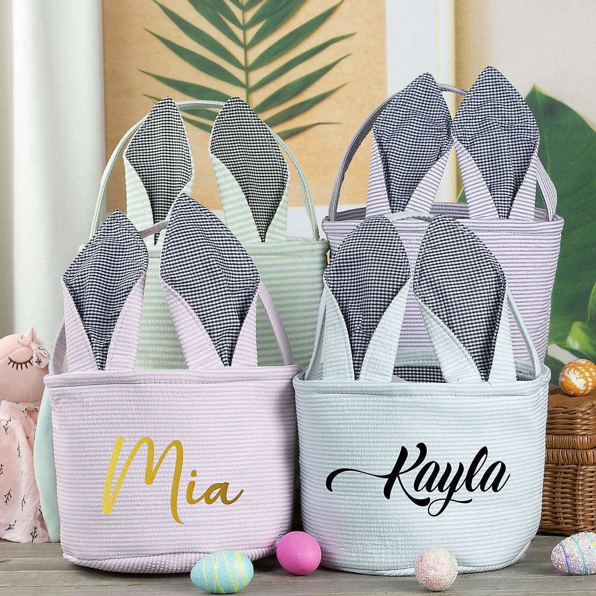 Personalized Easter Basket for Boys Girls, Seersucker Egg Hunt Bunny Baskets for Kids, DIY Bunny Bucket Tote Bags for Easter Decoration Candy Gifts Storage