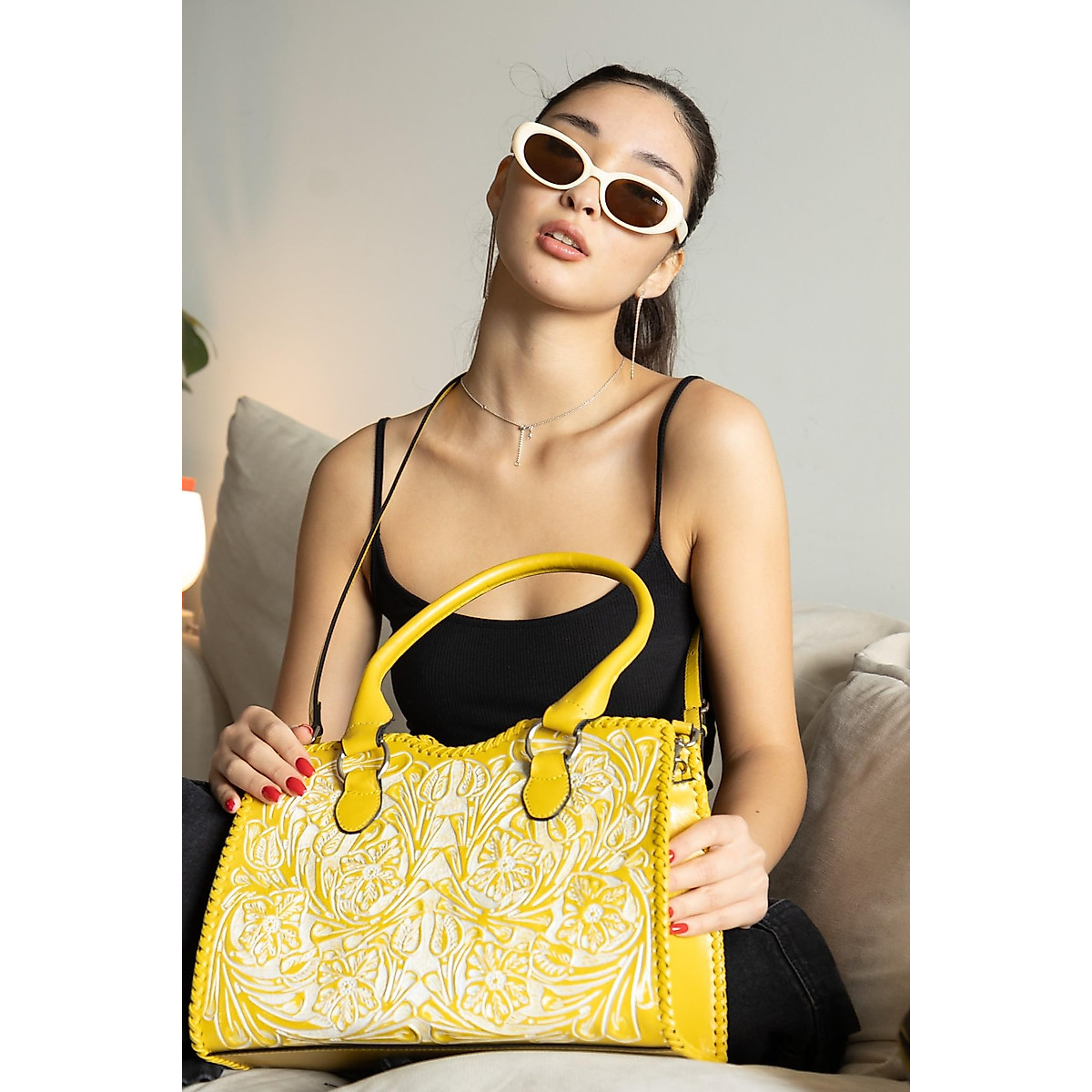 Mauzari Tooled Leather Shoulder Bag Tote for Women (Obsidian, Large)