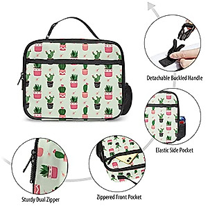 Insulated Lunch Bag for Kids, Leakproof Reusable Boys Girls Lunch Box Container with Detachable Buckled Handle, Durable Nylon Cooler Lunch Tote with Side Pocket for Work School Adult (Green Cactus)